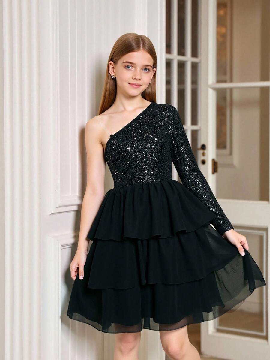 SHEIN Sparklyn Girls' Black Minimalist Sequin Long Dress Girls Black ...