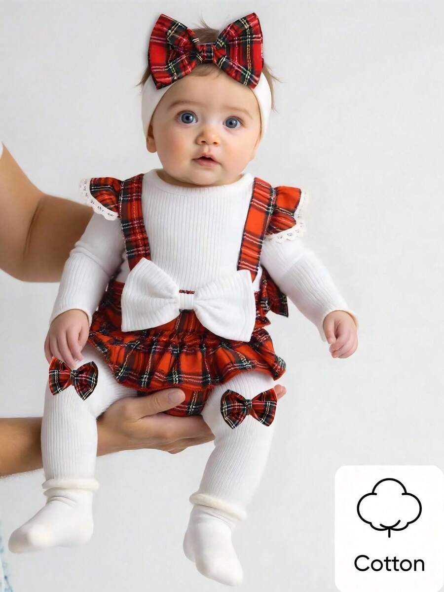 SHEIN Newborn Baby Girl's White Long Sleeved Top Paired With Red ...