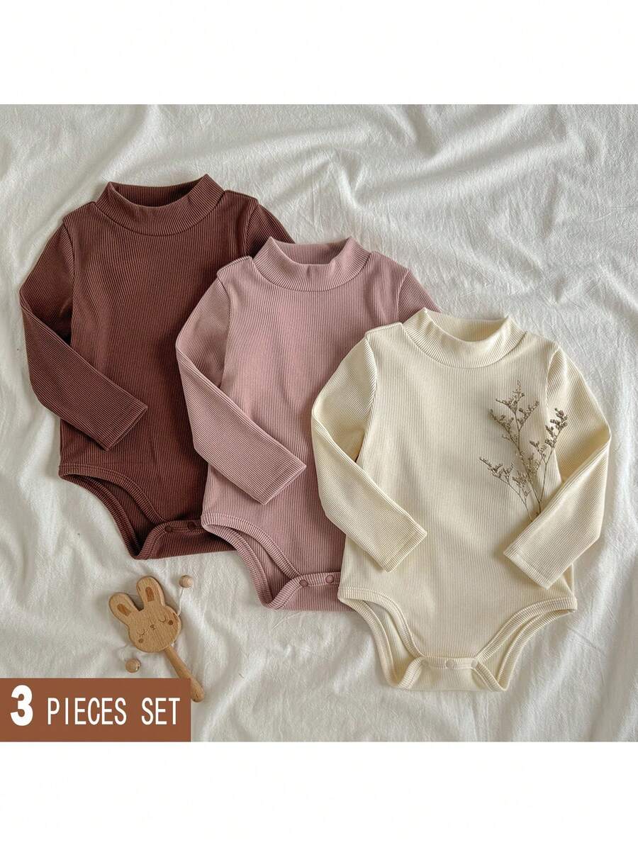 Loomiva 3pcs Baby Girl Solid Color Ribbed Knit Soft High Collar Long Sleeve Romper Set | SHEIN USA