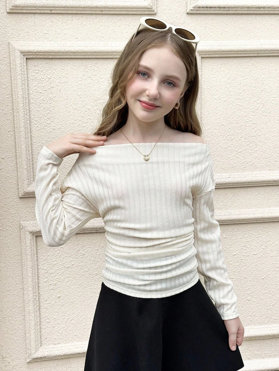 SHEIN Tween Girls' Casual Chic French Elegant Versatile Textured Ribbed ...