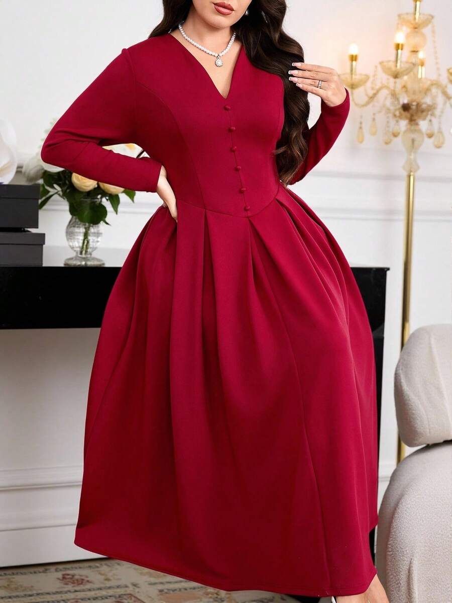 Modelyn Damen Kleid in Große Größen mit V-Ausschnitt, Langarm, Knopfdesign und Raffung ...