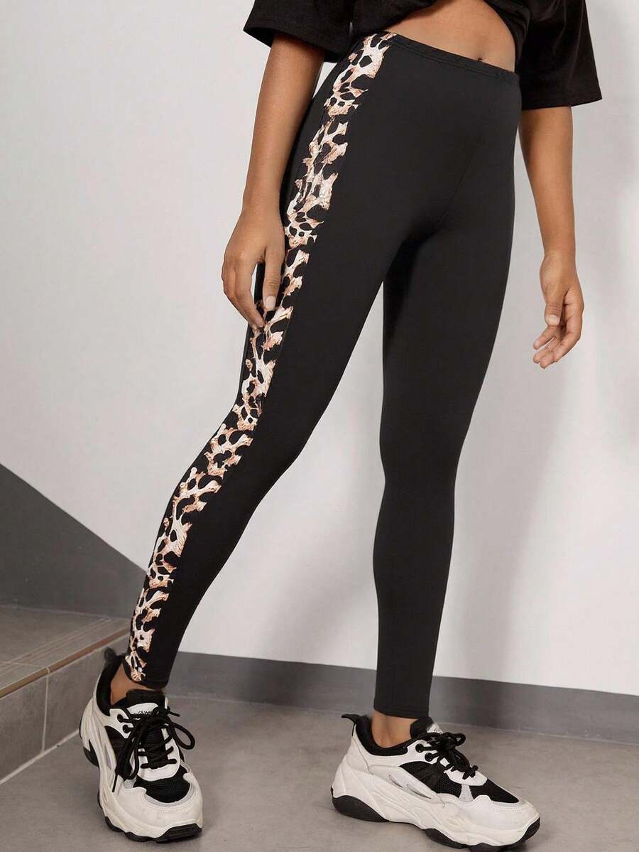 SHEIN Tween Girls' Contrast Leopard Print Side Seam Leggings for Sale ...