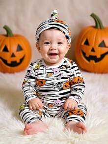 2pcs/Set Toddler Baby Boys' Zombie Mummy Pumpkin Bat Halloween Graphic Print Long Sleeve Romper ...