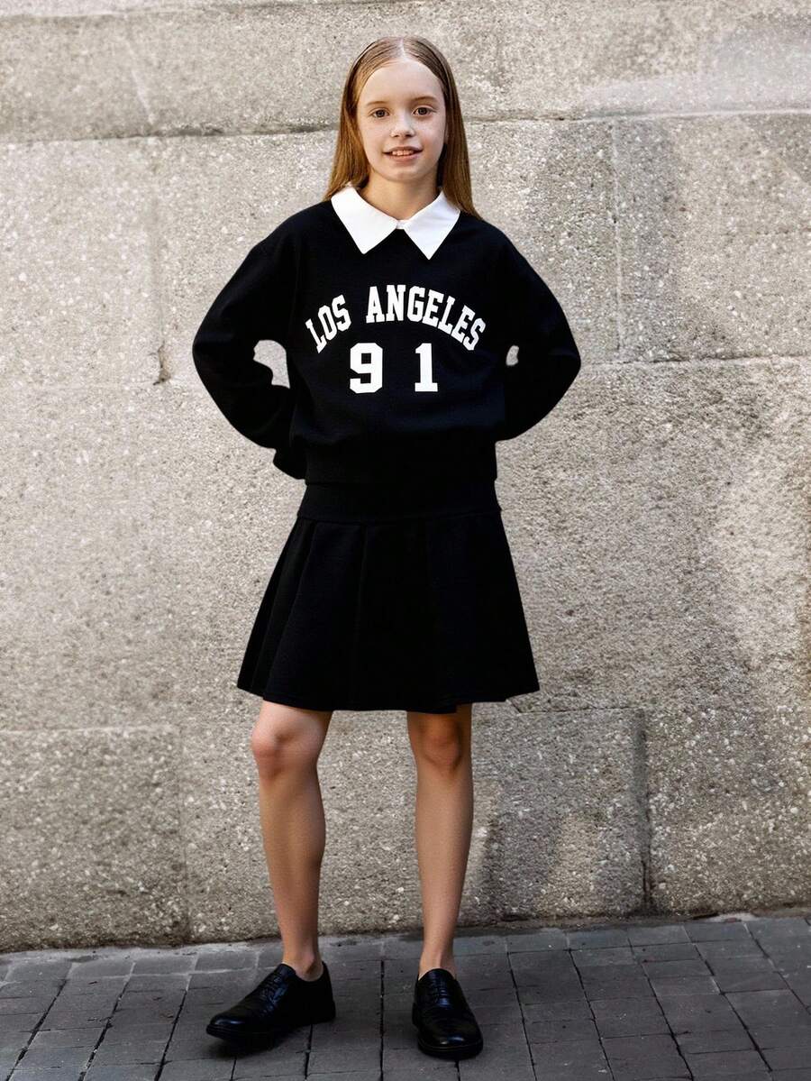 SHEIN Explorewe 2pcs/Set Tween Girls American Style Collared English ...