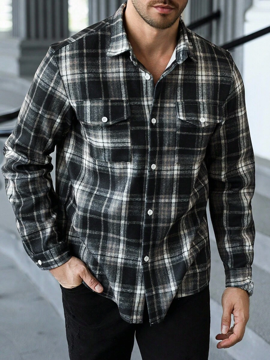 Manfinity CasualCool Men's Button Front Long Sleeve Plaid Jacket ...