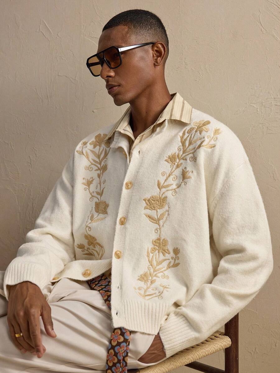 AKNOTIC Men's Floral Embroidery Long Sleeve Single-Breasted Casual Knit ...