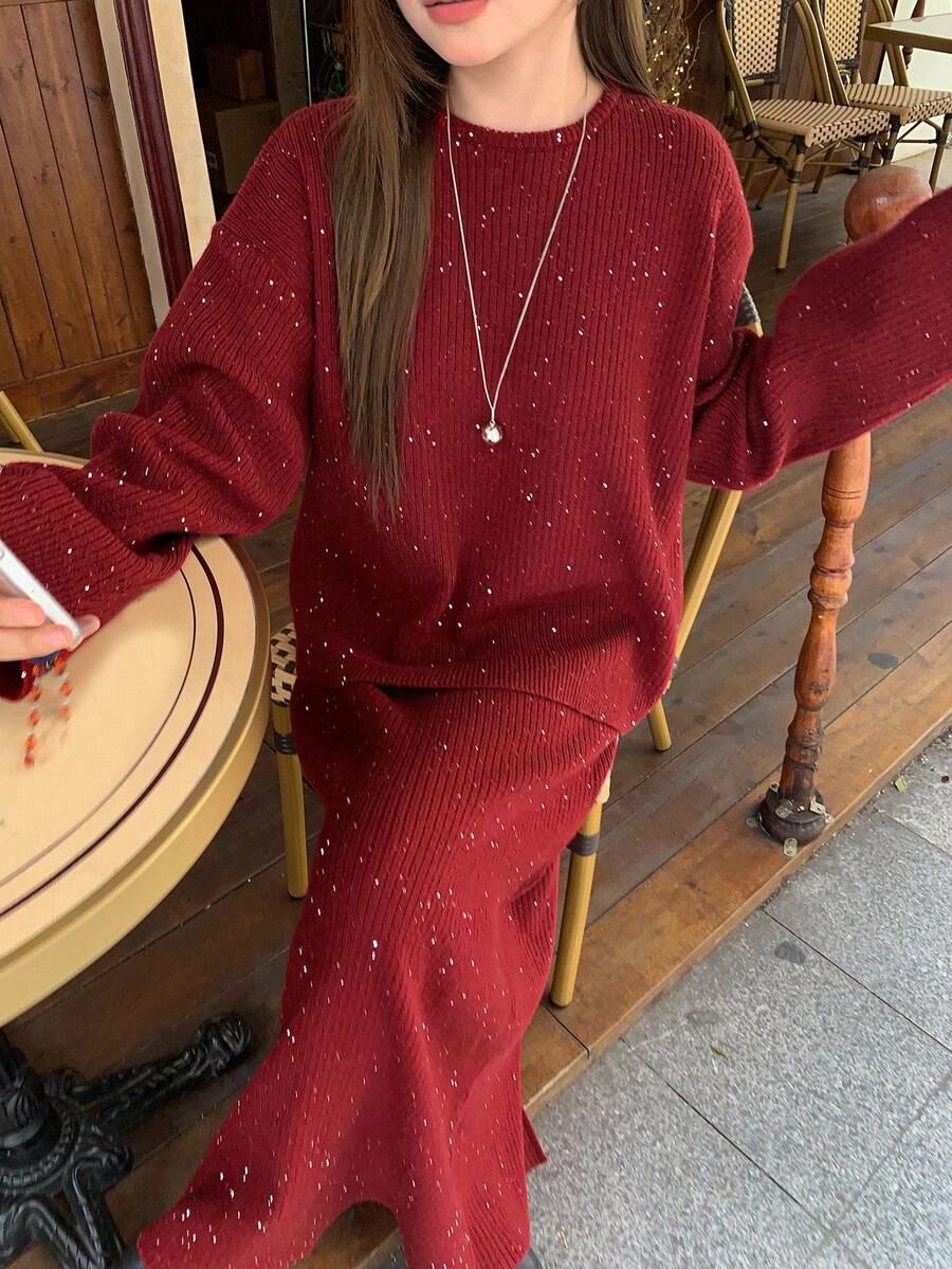 DAZY Damen Lässig 2-teiliges Set: Drop-Shoulder Langarm Pullover und ...