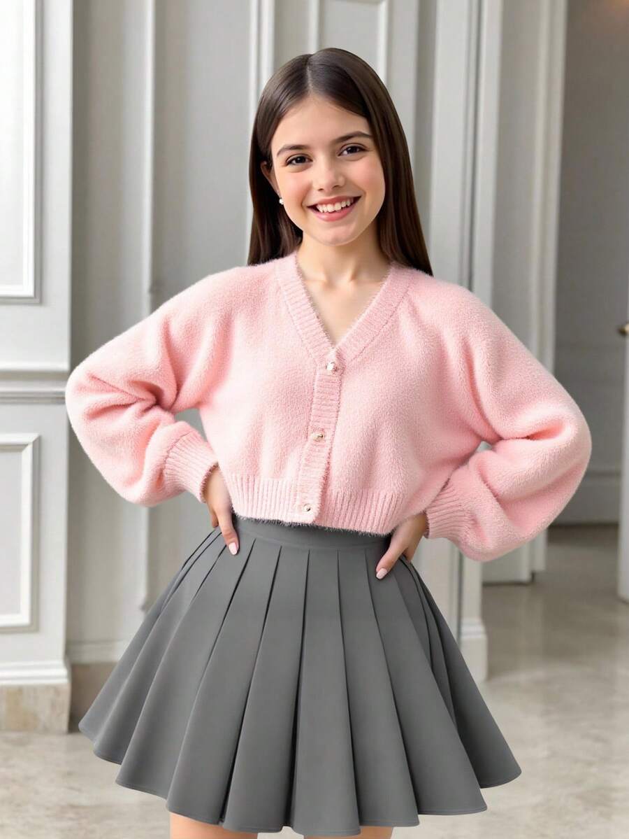 SHEIN Tween Girl Solid Button Front Lantern Sleeve Fuzzy Cardigan ...
