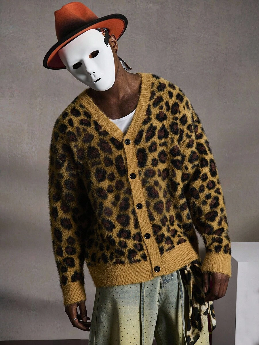 PAVTROS Manfinity Streetrush Men's Leopard Print Fuzzy Knit Cardigan ...