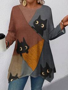 EMERY ROSE Plus Size Women's Cat Print Tshirt,Asymmetrical Hem Grahic ...