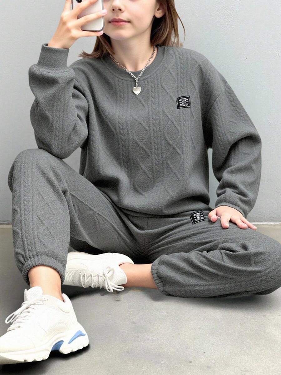 SHEIN 2pcs/Set Tween Girls Casual Slogan Applique Pattern Jacquard ...