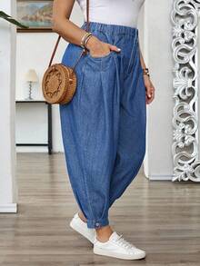 EMERY ROSE Plus Size Women Loose Fit Elastic Waist Denim Pants, Casual ...