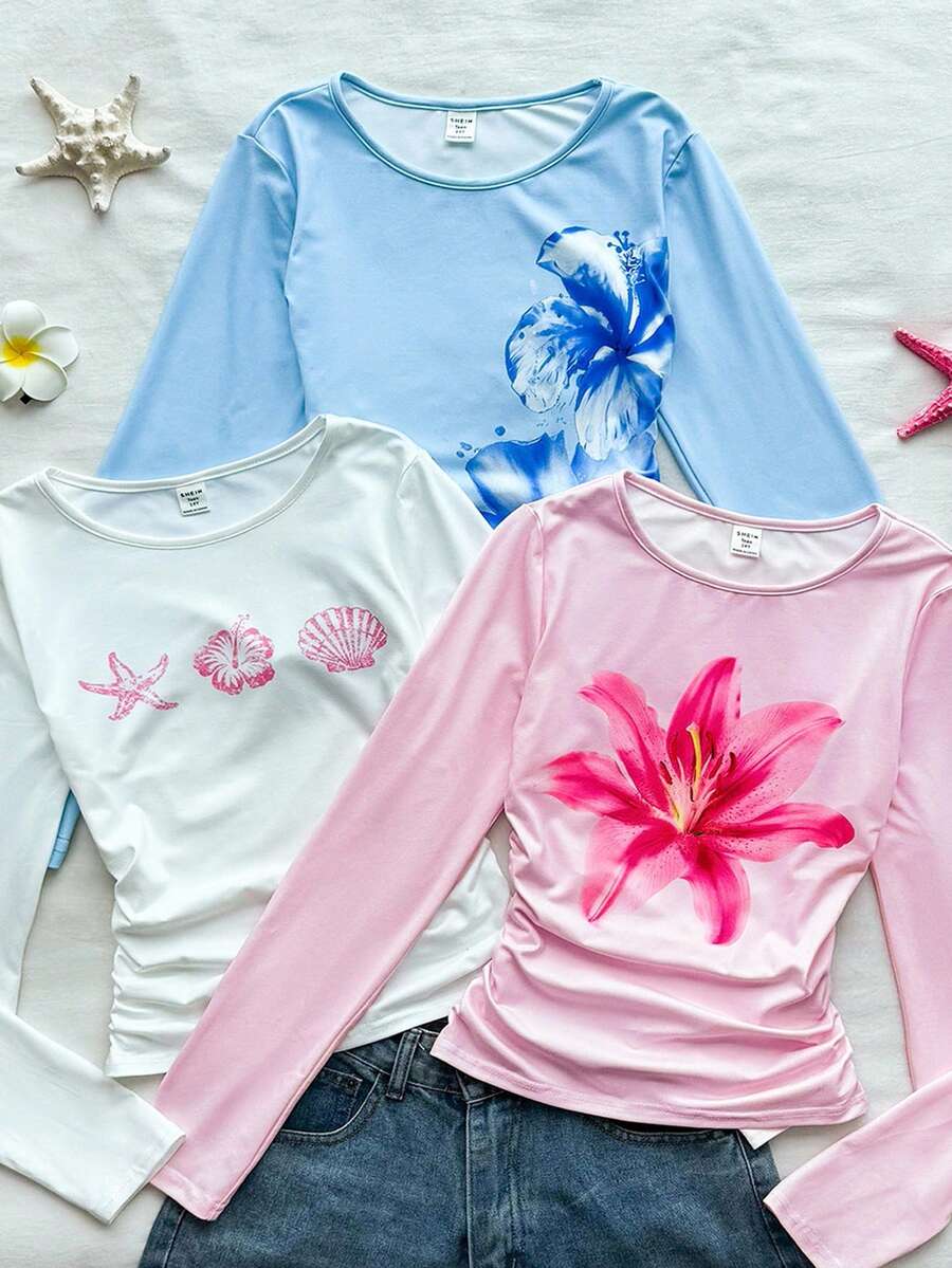 3pcs/Set Teen Girls' Tropical Floral Print Fitted Casual Ruched Waist ...