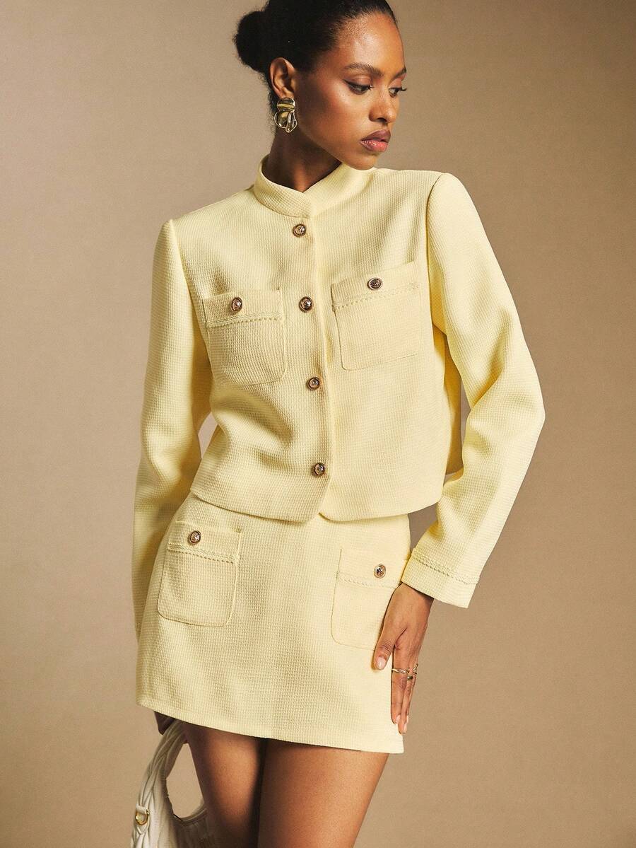 Poéselle Pastel Yellow Textured Cropped Jacket & Pocket Mini Skirt Set ...