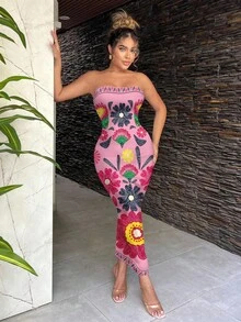 SHEIN SXY Boho Floral Print Vacation Casual Bandeau Bodycon Maxi Dress ...