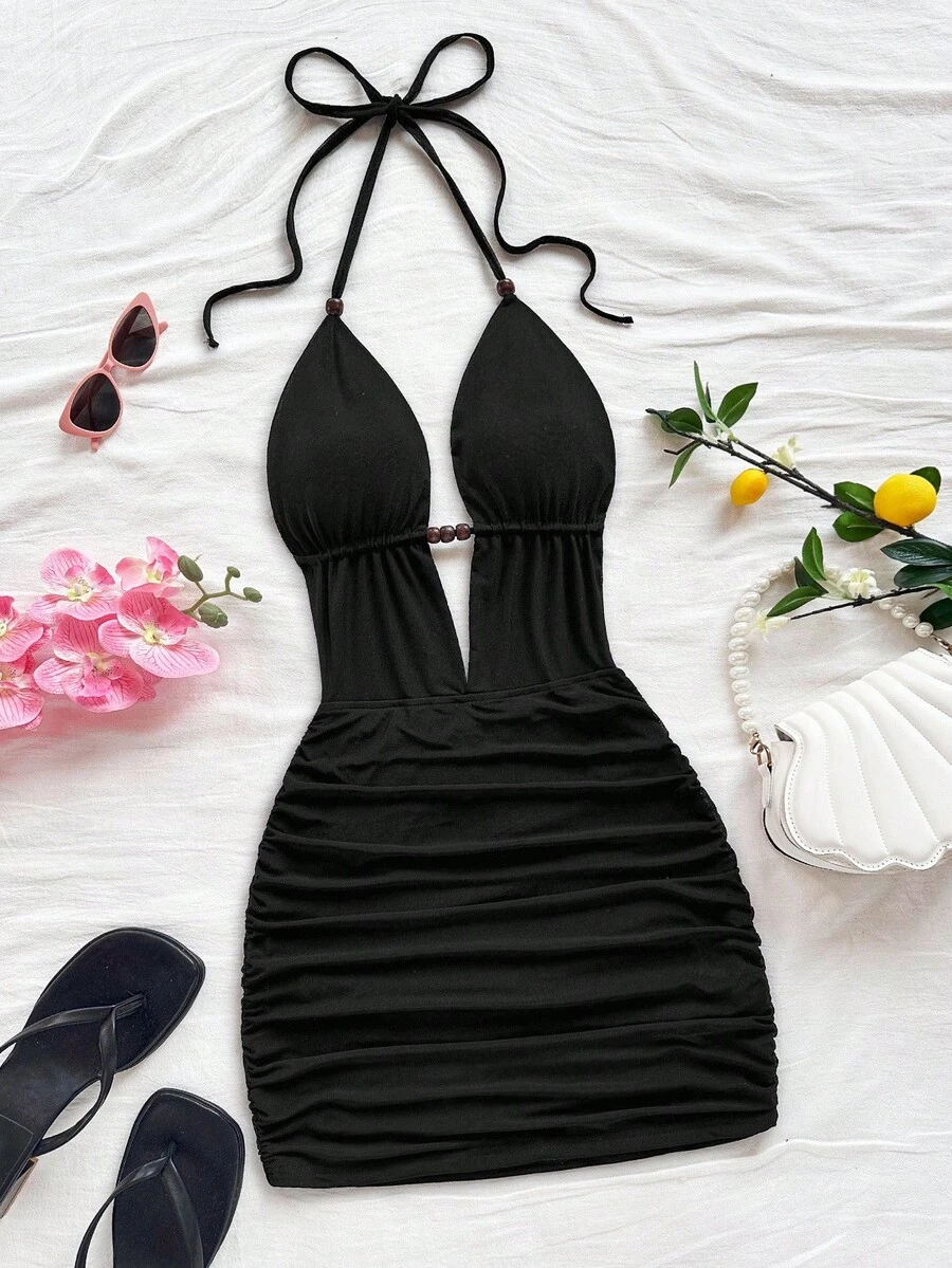 Soleia Women's Sexy Deep V Neck Tie Strap Backless Mini Dress, Ruched ...