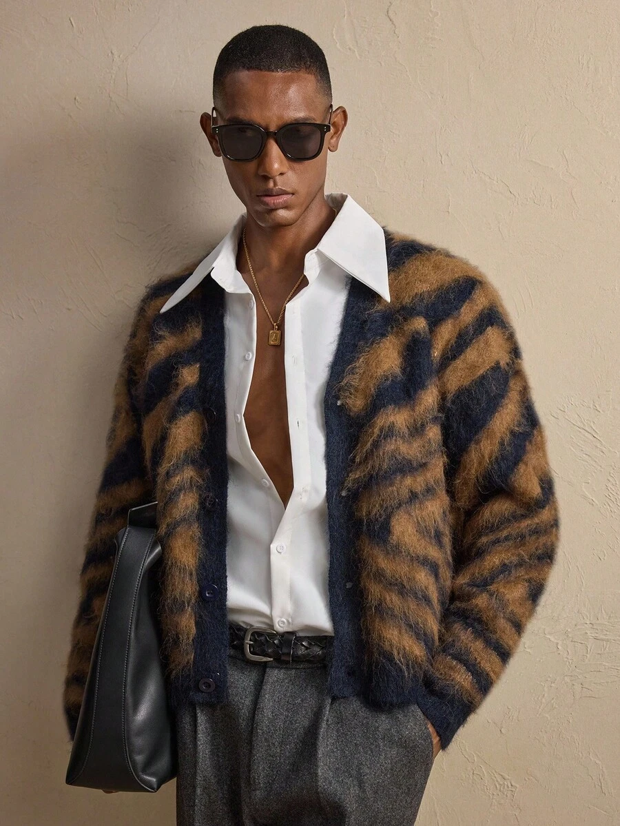 AKNOTIC AKNOTIC Brand Men's New Cardigan Sweater - Leopard Fleece ...