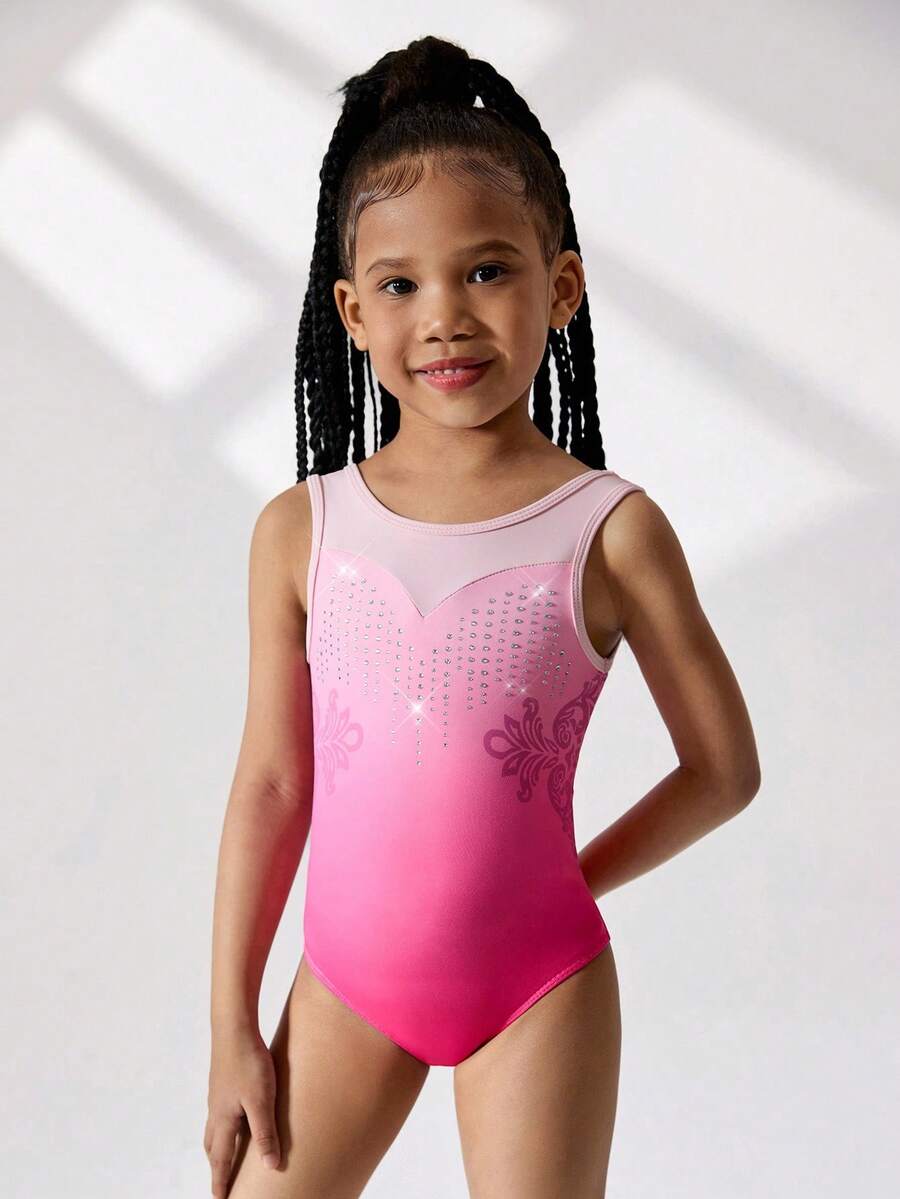 Young Girls Leotard, Pink Floral Print With Shining Crystals, Gymnastic ...