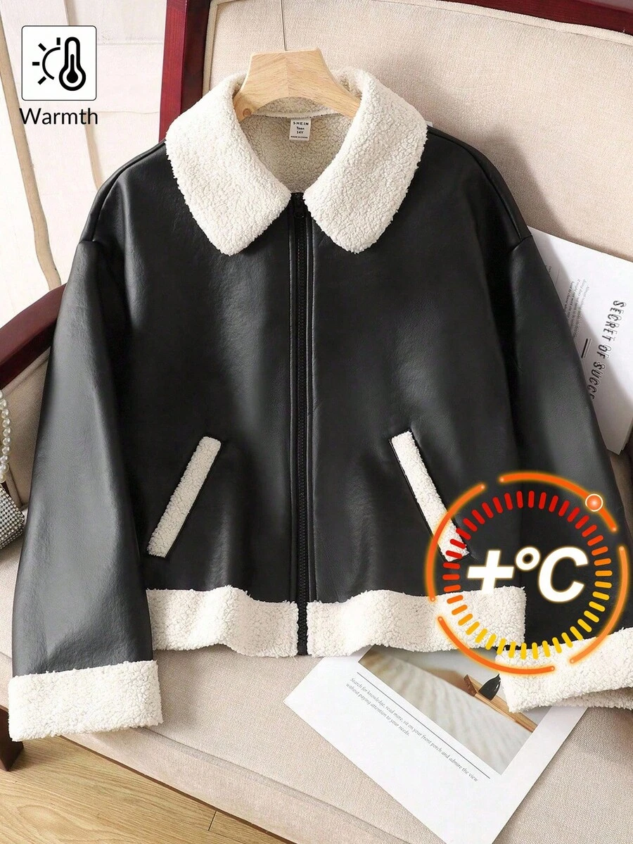 SHEIN Teen Girl's Autumn/Winter Street Style PU Composite Thermal-Lined ...