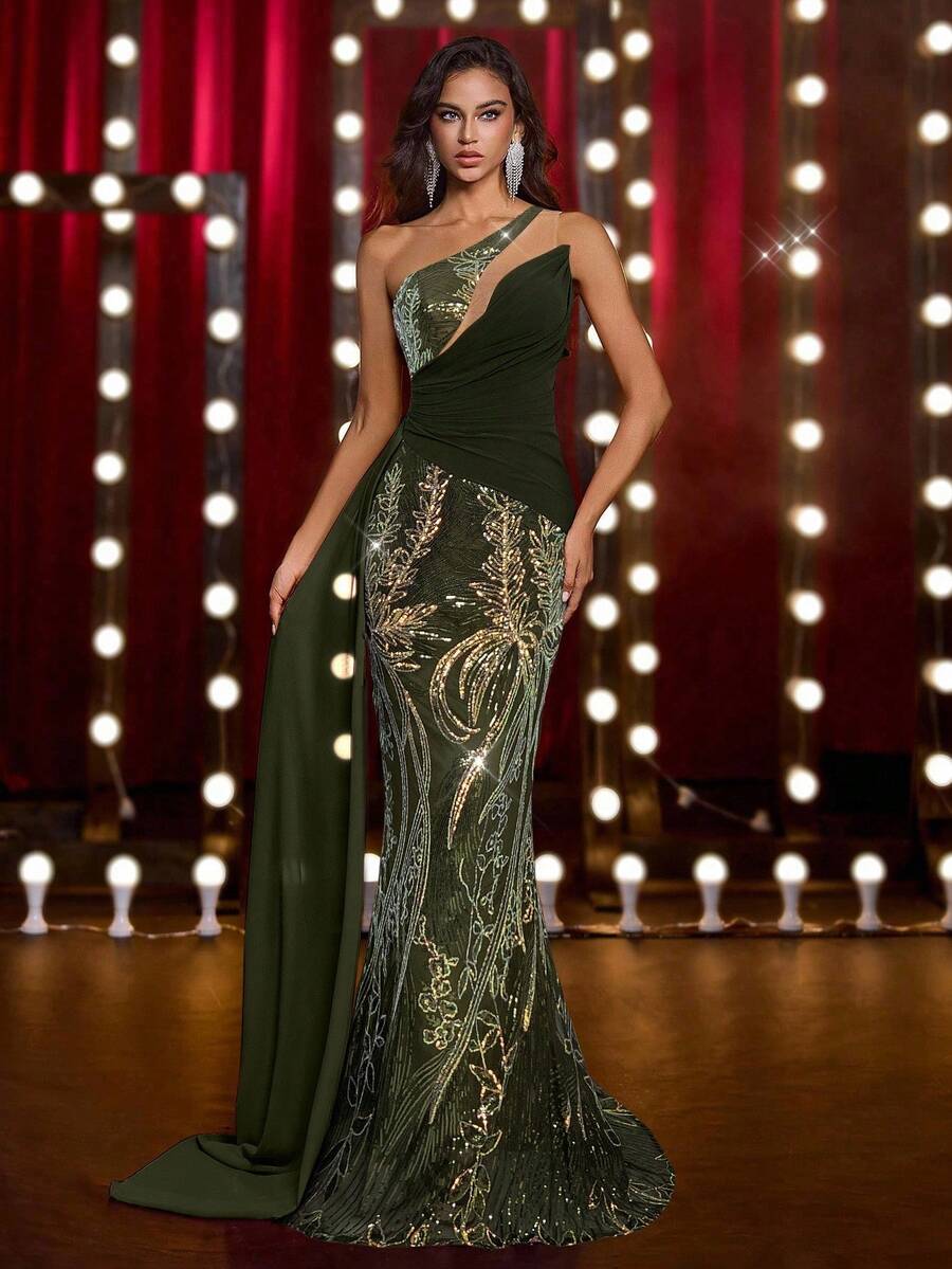 Glamrae Elegant Embroidered Ruffle Trim Asymmetric Neck Mermaid Formal ...