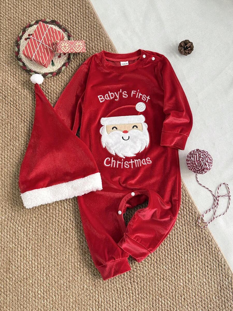 SHEIN Playful Pals Infant Boys/Girls Christmas Santa Claus Embroidered Red Long Sleeve Hooded ...