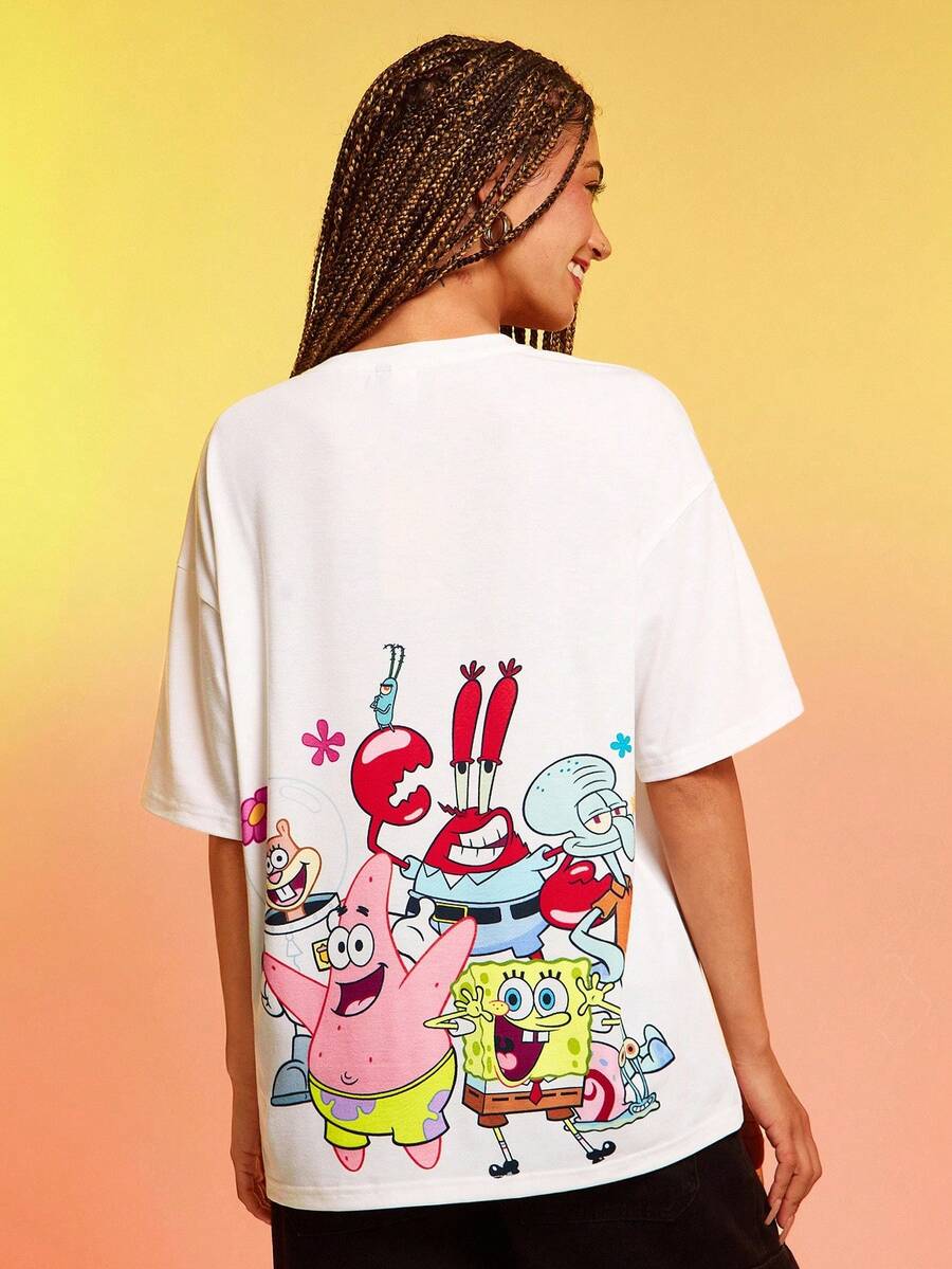 SpongeBob SquarePants X SHEIN Camiseta Feminina de Manga Curta Gola ...