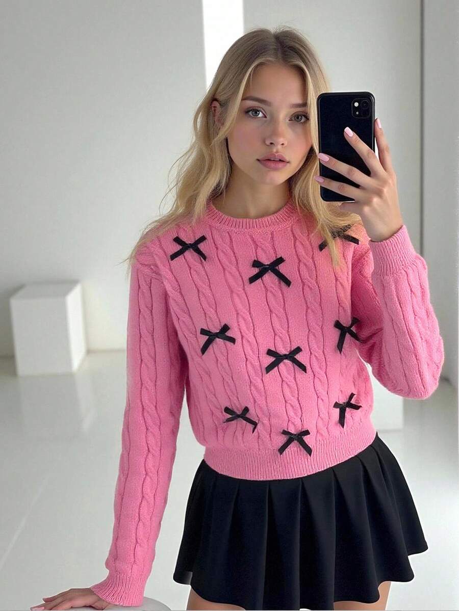 Tween Girl Handmade Bow Thick Knit Sweater, Long Sleeve, Fashion ...