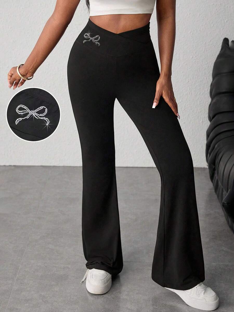SHEIN Girls' Casual Black Solid Color Bow Rhinestone Wrap High Waist ...