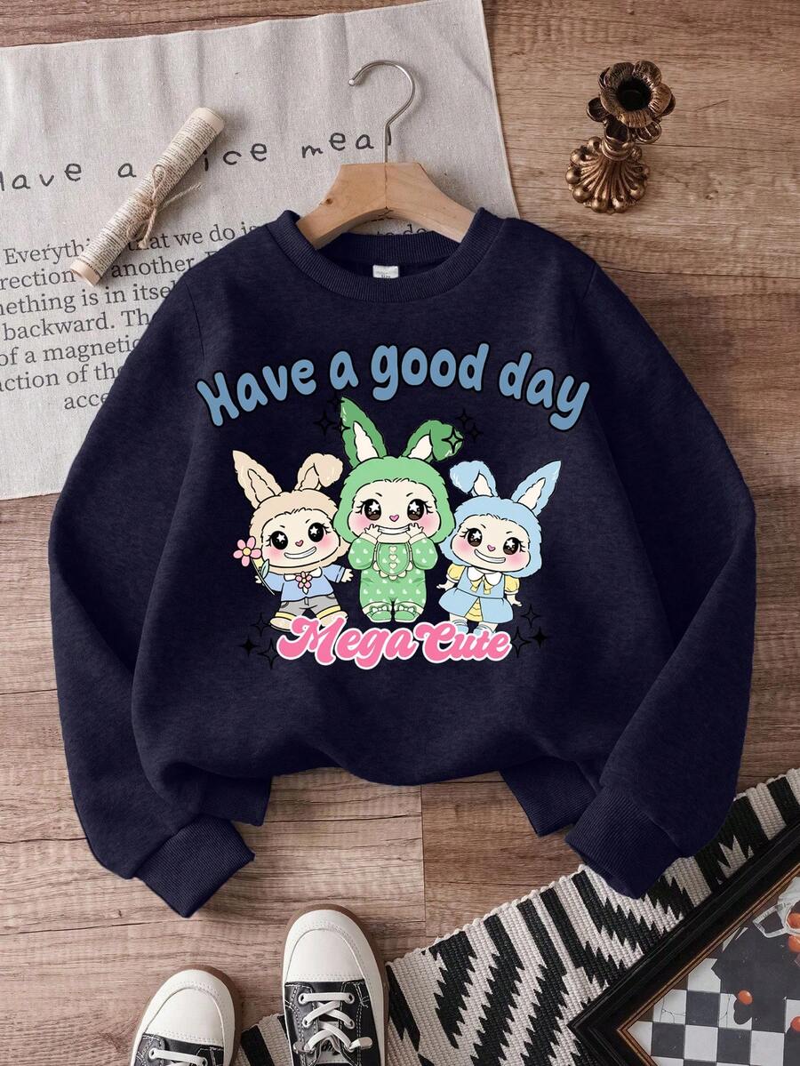 SHEIN Cartoon Print Crew Neck Book Reading Sweatshirt For Young Girls ...