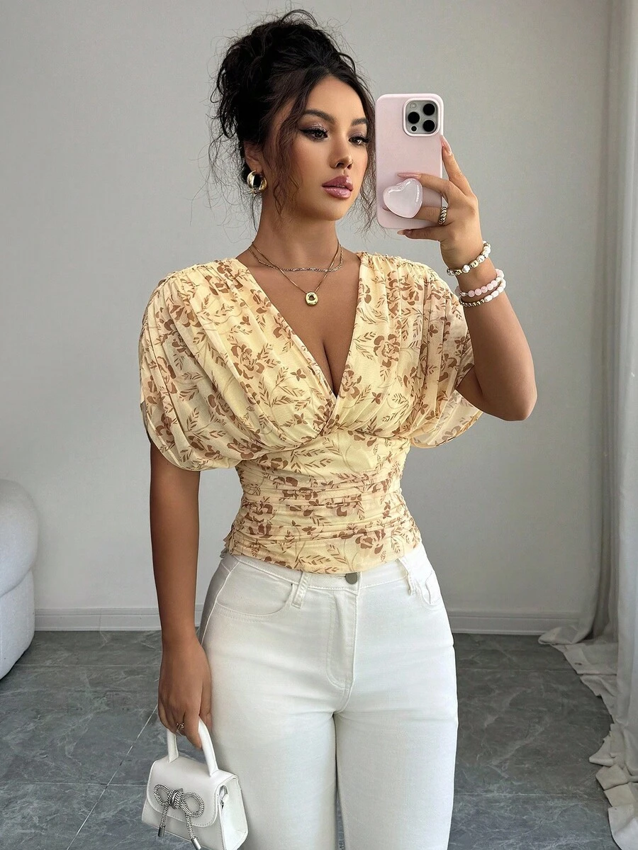 Elenzga Women's Floral Print Batwing Sleeve Pleated Waist Sexy Fashion ...
