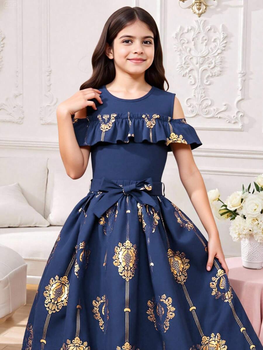 Tween Girl Noble Patterned Fashionable Cold Shoulder Top & Belted Skirt ...