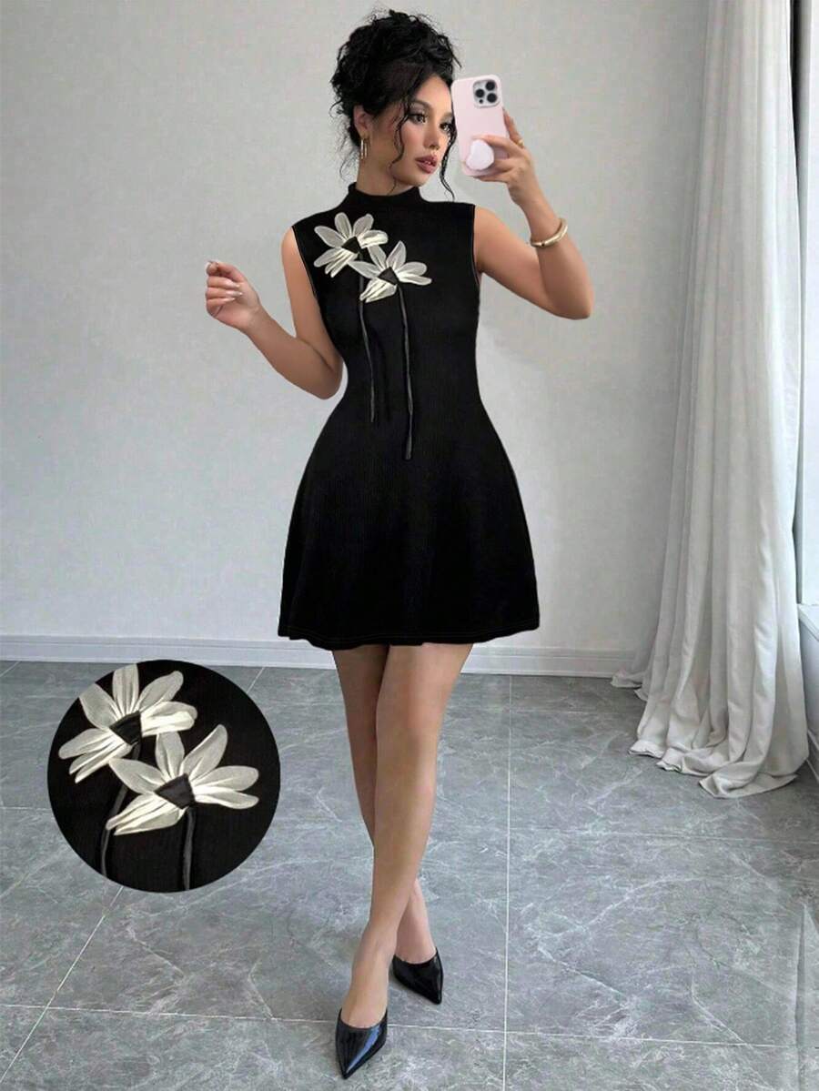 Elenzga Women's Elegant 3D Floral Decor Sleeveless Mini Dress | SHEIN USA
