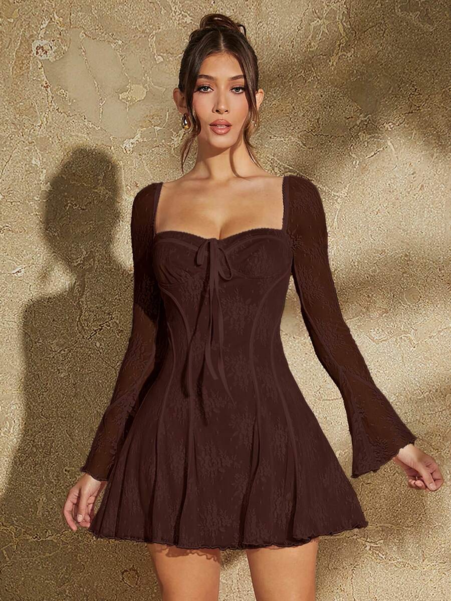 SHEIN BAE Vestido de mujer con volantes en el bajo y taza de encaje ...