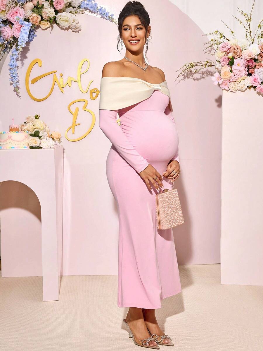 Loomaby Maternity Colorblock Long Sleeve Off Shoulder Fishtail Hem ...