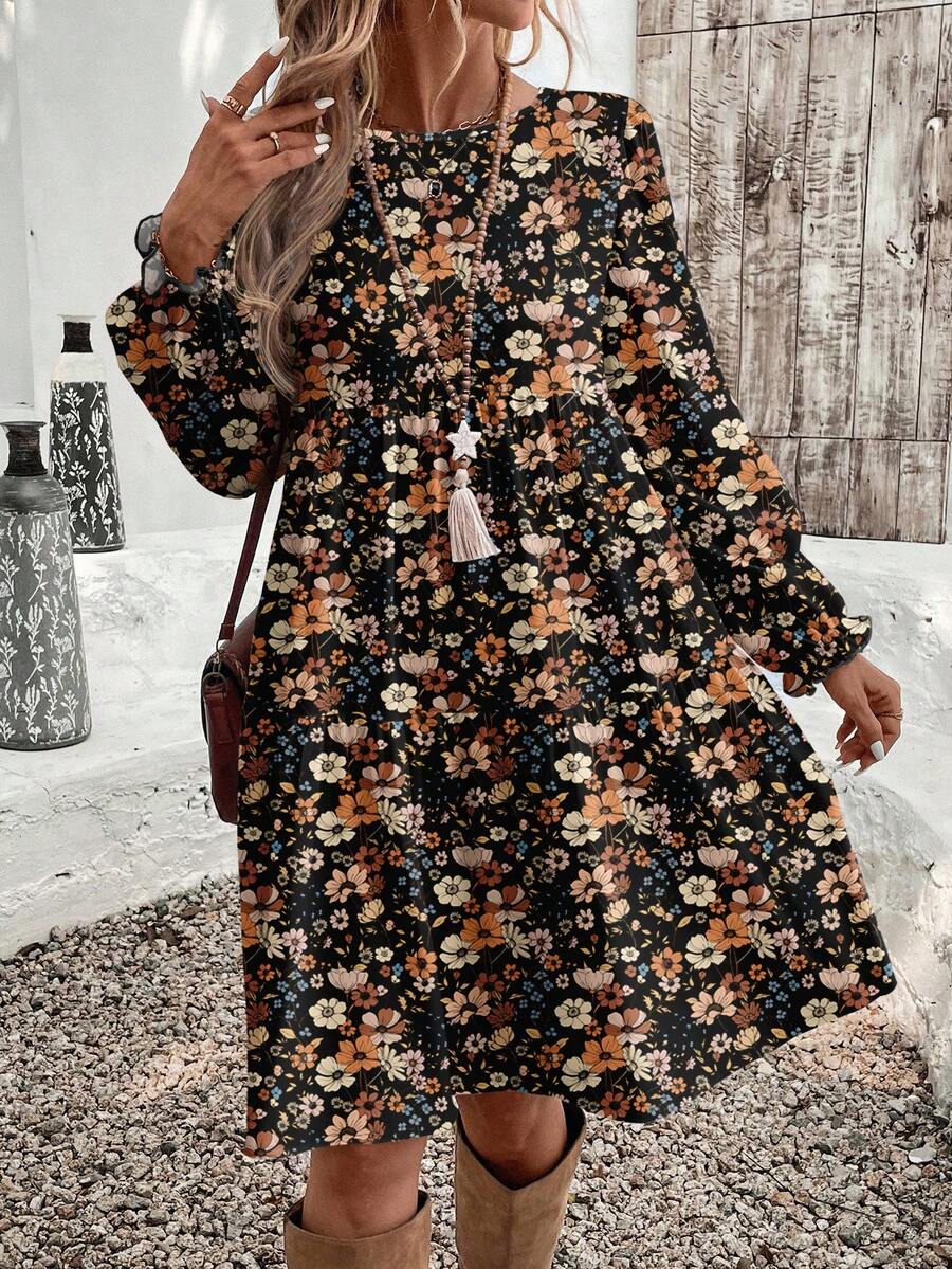 EMERY ROSE Casual Elegant Women's Black Ditsy Floral Mid-Length Dress, Autumn/Winter | SHEIN USA