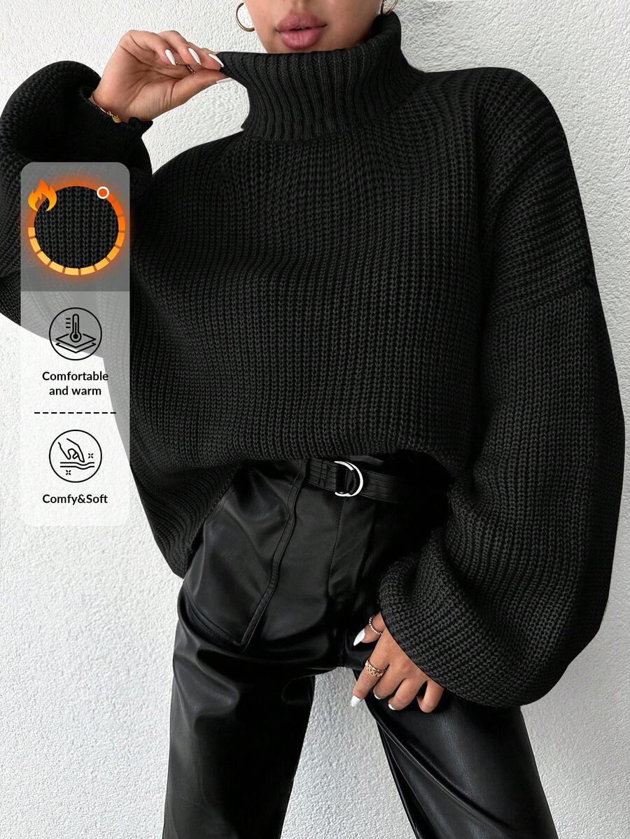 Turtleneck Drop Shoulder Ribbed Knit Sweater | SHEIN USA