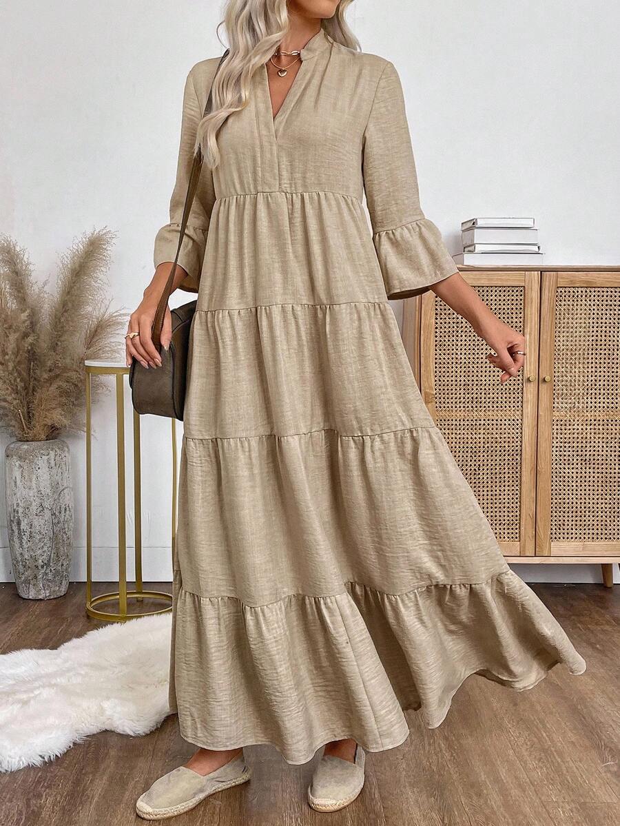 EMERY ROSE Women's Autumn Simple Notched Collar Ruffle Hem Dress Tiered ...