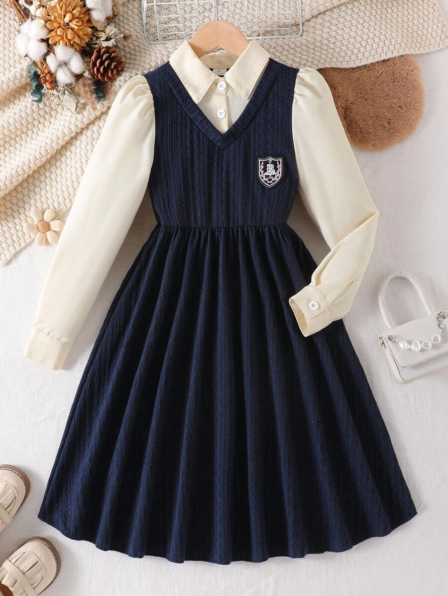 Vestido Casual Colorblock com Gola Babado Versátil e na Moda para ...