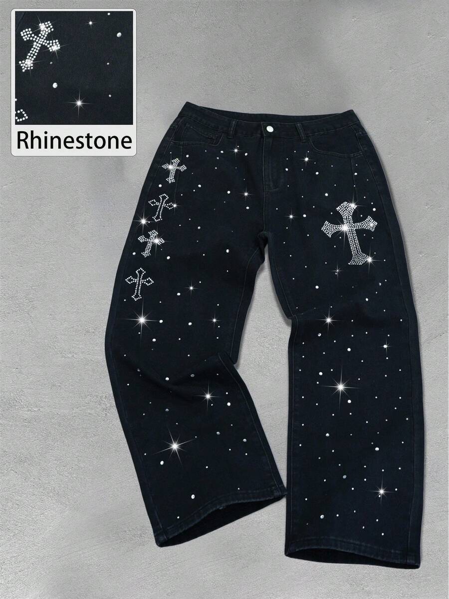 Manfinity EMRG Men's Y2K Street Style Rhinestone Embellished Straight Leg Wide Jeans for Sale ...