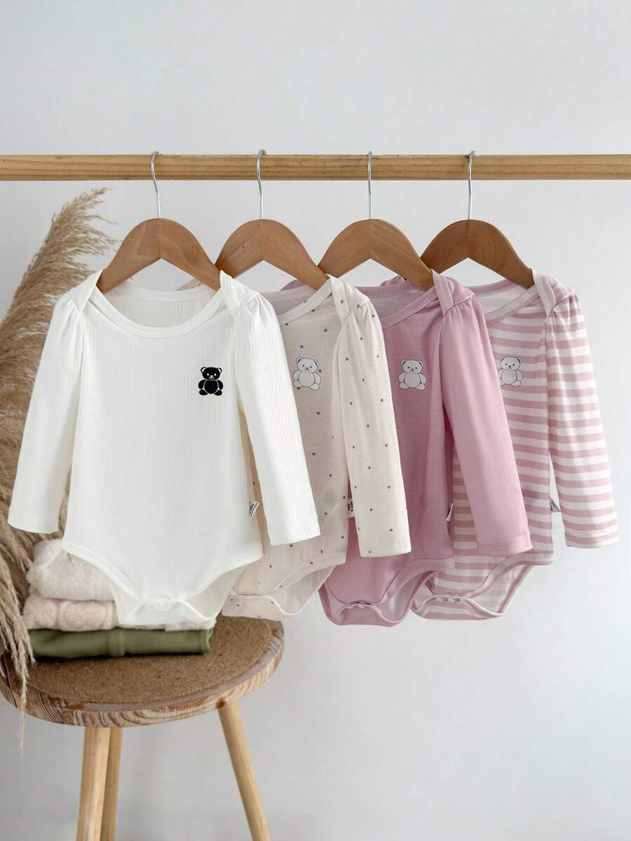 SHEIN 4pcs Baby Long Sleeve Rompers, Cute Cartoon Patterns, Soft & Skin ...