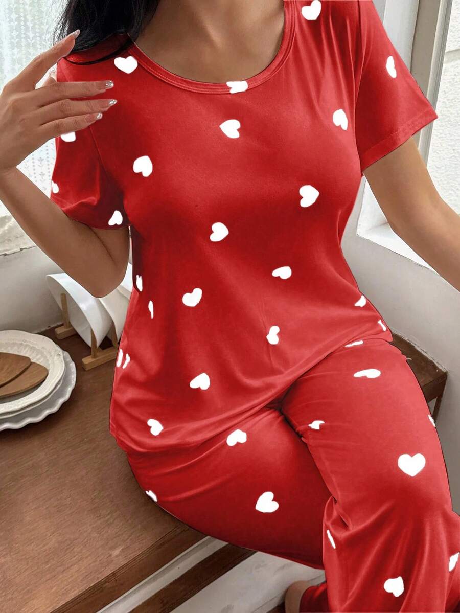 SHEIN Women Heart Print Round Neck Short Sleeve Shorts Pajama Set ...