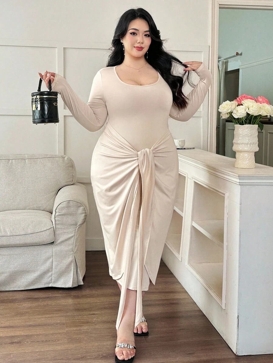 Modelyn Women's Fashionable Casual Elegant Solid Color Knit Plus Size Dress | SHEIN USA