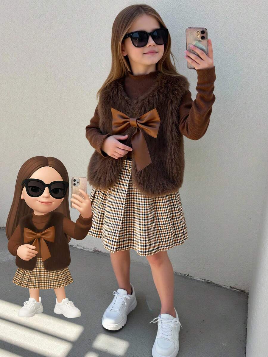 3pcs Girls Elegant Faux Fur Bow Vest, Round Neck T-Shirt, Plaid Skirt ...