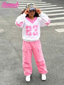 SHEIN Tween Girls Colorblock Numeric Print Long Sleeve Knit Sweatshirt ...