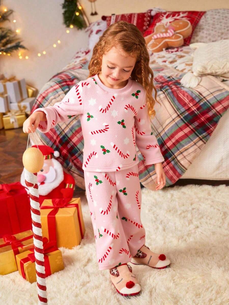 2pcs/Set Young Girls' Christmas Candy Cane Print Fleece Pajamas, Soft ...