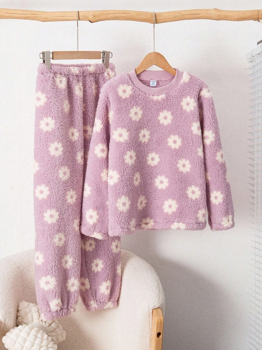 Tween Girl Fluffy Flower Print Long Sleeve Top And Pants Pajama Set for ...