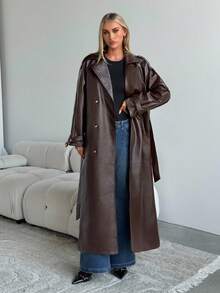 SHEIN EZwear Women's Fashionable Brown Leather Double-Breasted Maxi ...