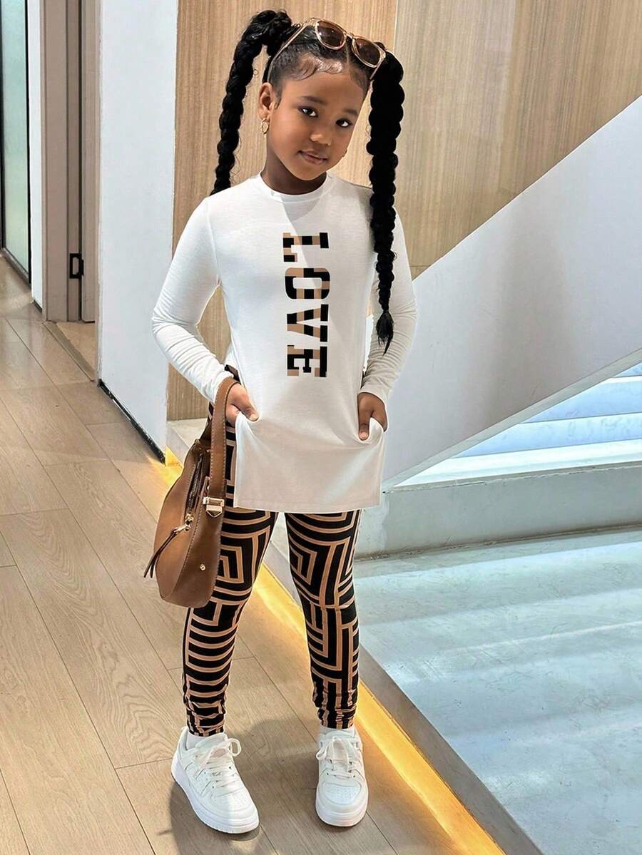 Tween Girls' Casual Knit Bear Print Long Sleeve Top And Geometric ...