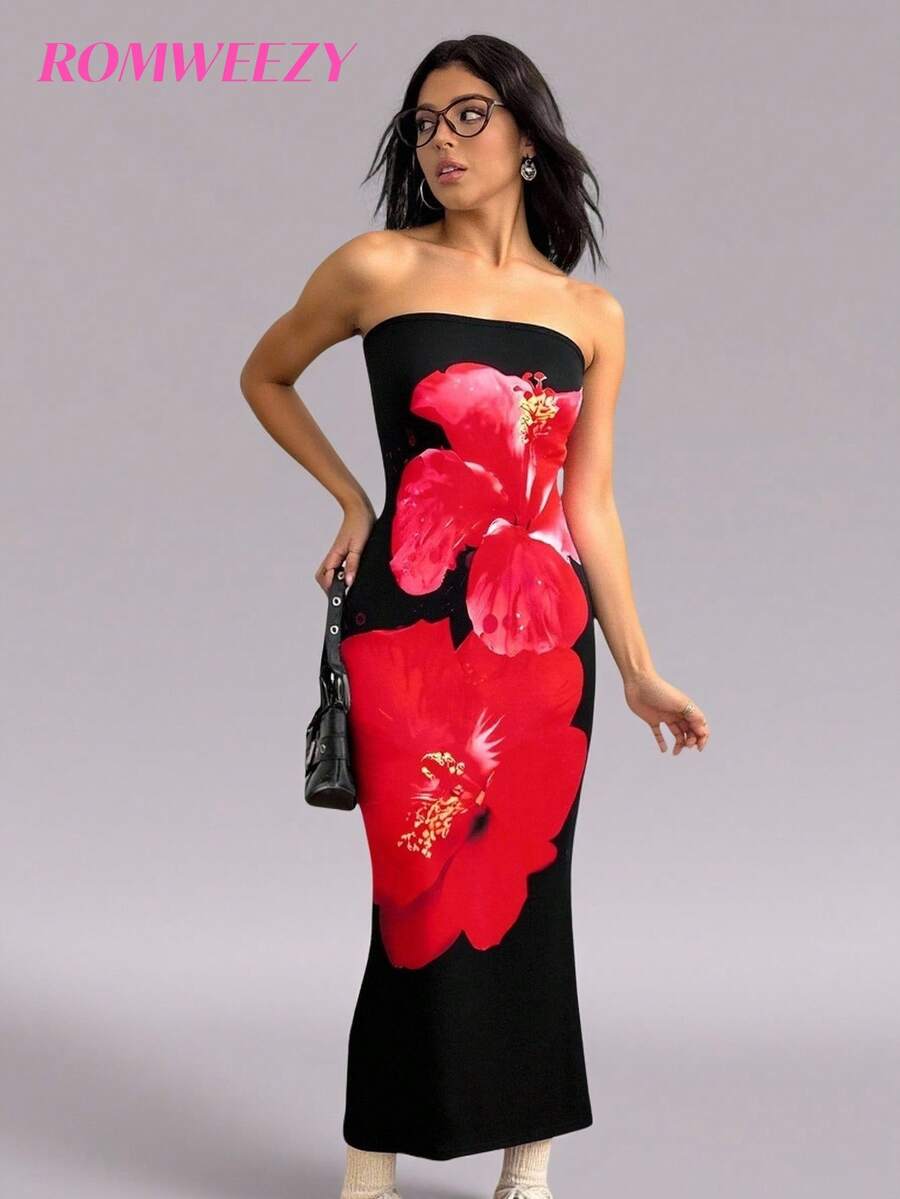 Spring/Summer Floral Print Strapless Snug Fit Dress For Teen Girls ...