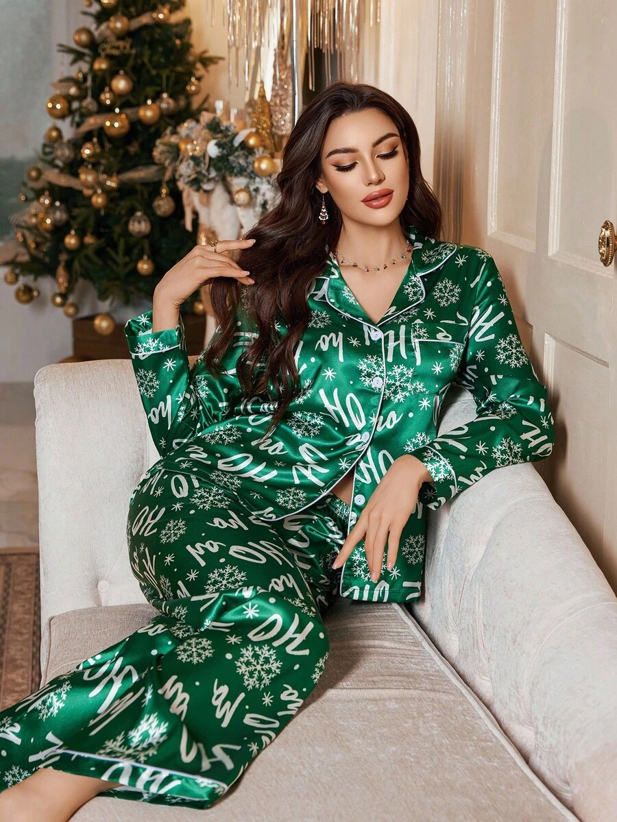 LuxeNights Christmas Snowflake & Letter Print Faux Silk Lapel Collar ...